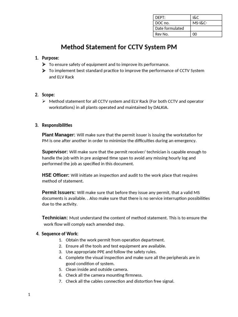 MS-I&C - CCTV System PM Method Statement | PDF | Closed Circuit Television