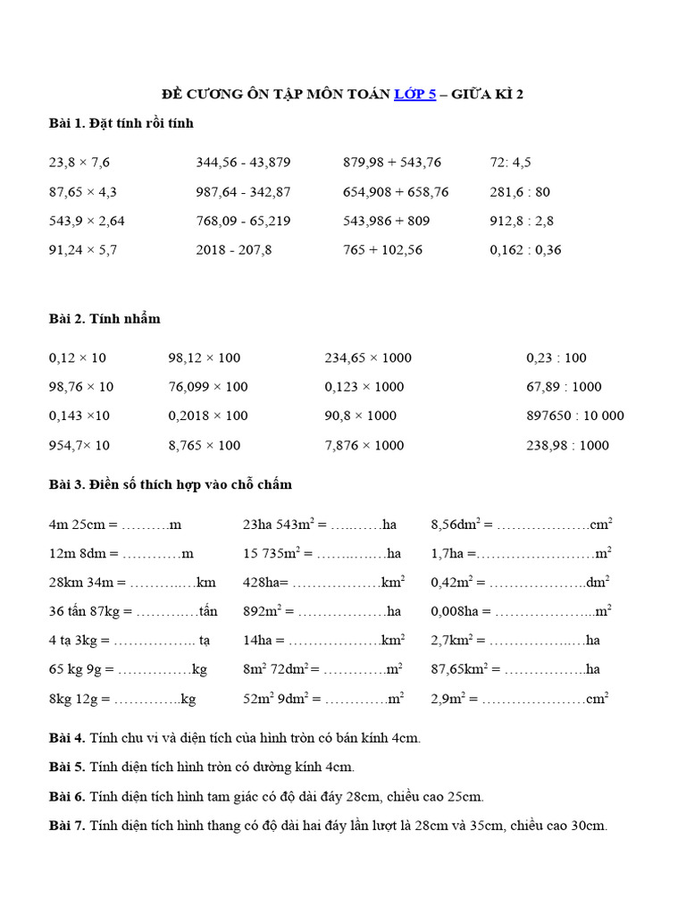 De Cuong On Tap Giua Hoc Ki 2 Mon Toan Lop 5 So 3 | PDF