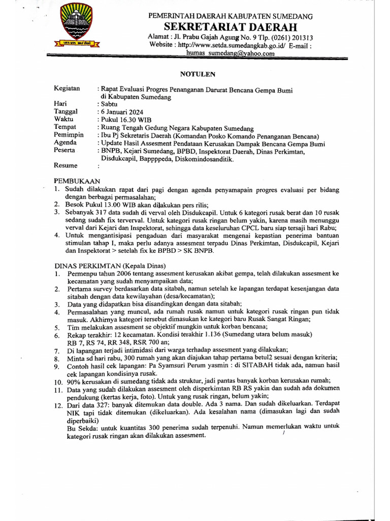 Notulen Rapat Evaluasi Progres Penanganan Darurat Bencana Gempa Bumi | PDF