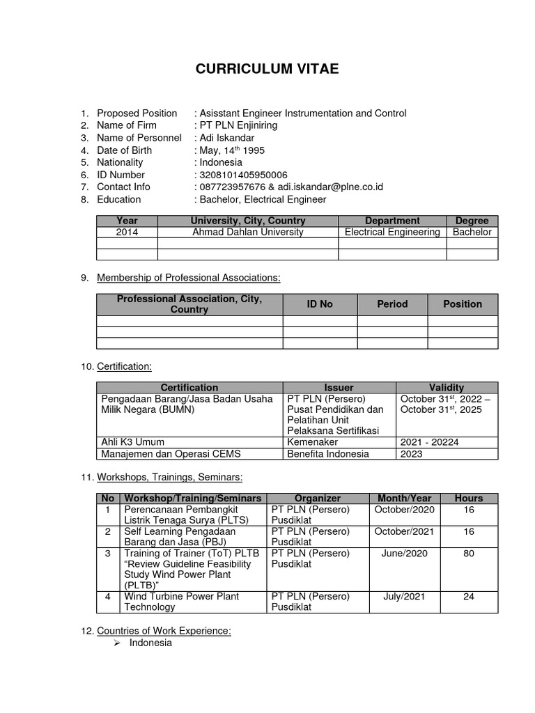 CV Adi Iskandar 9519066ZEY - New | PDF | Electrical Engineering ...