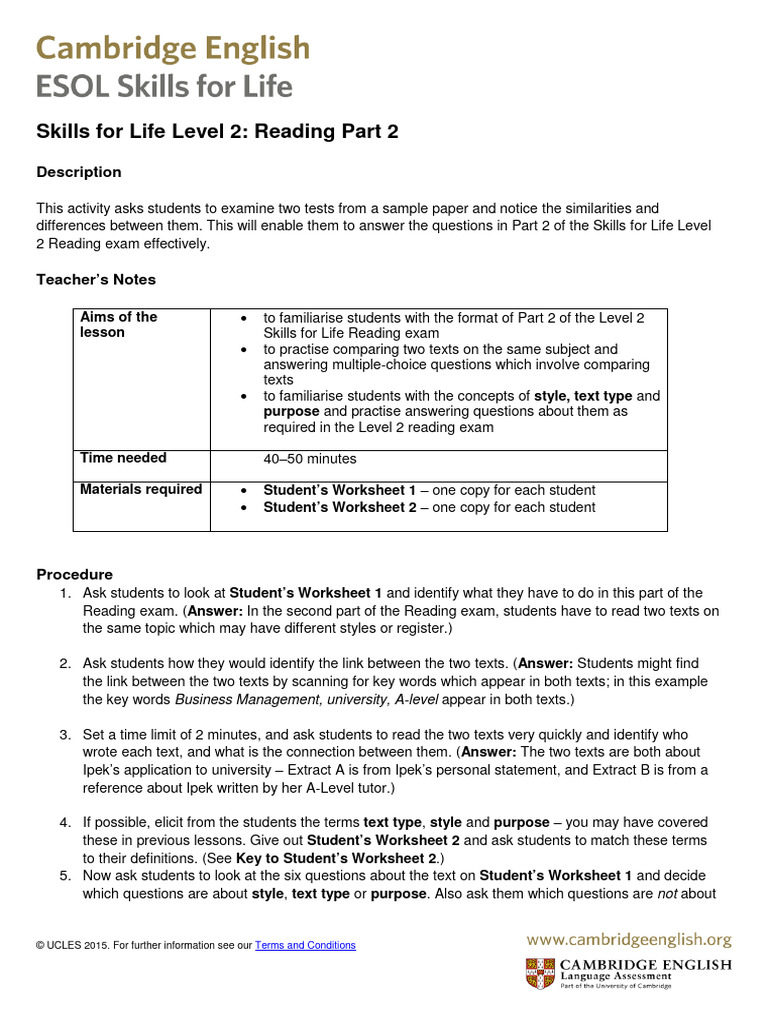 Skills For Life Level 2 From 2015 Reading Part 2 Document | PDF ...