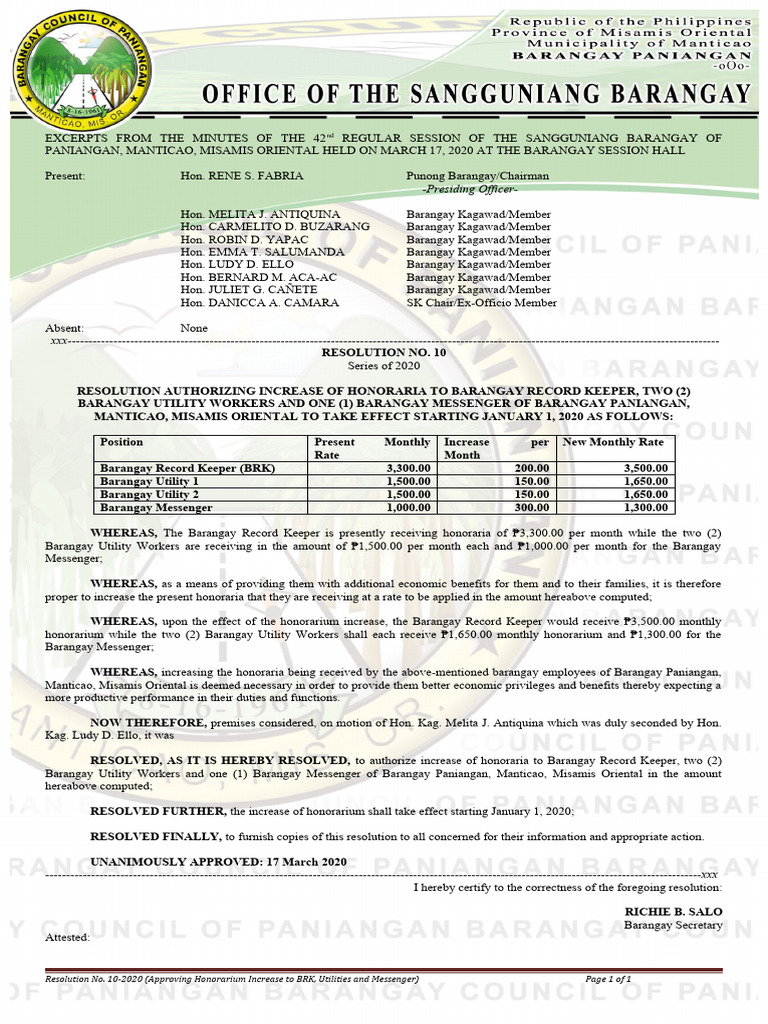 Resolution No. 10-2020 (Increase of Honorarium To Utilities) | PDF