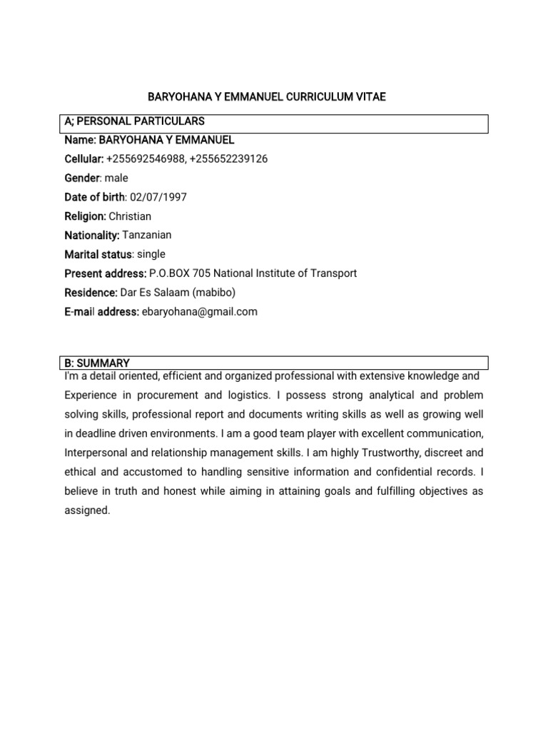 Baryohana E CV | PDF | Warehouse | Procurement