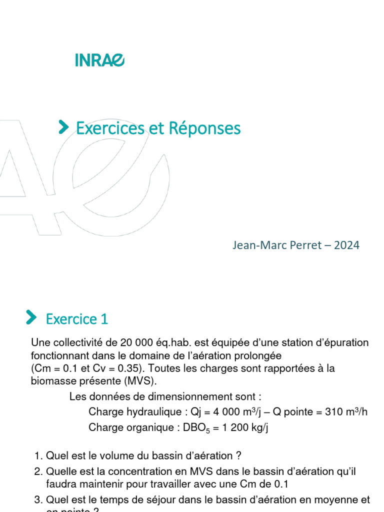 Correction Exercices Traiment de L'eau INRAE 2024 | PDF | Épuration des ...