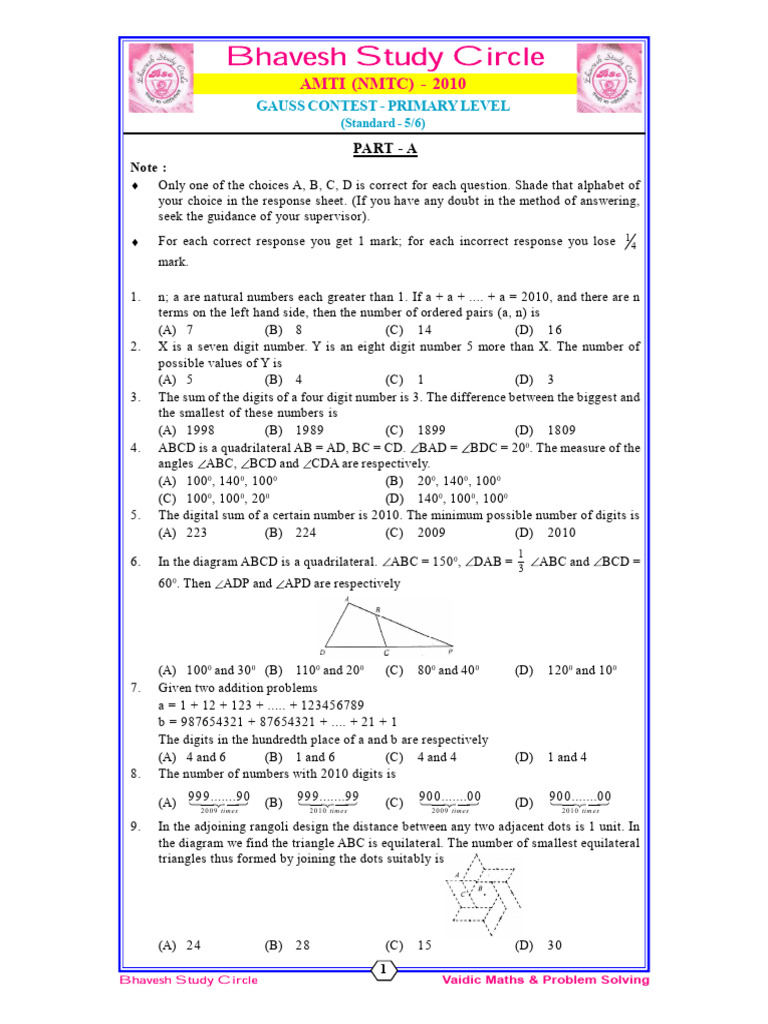 AMTI (NMTC) - 2010: Gauss Contest - Primary Level | PDF | Numbers ...