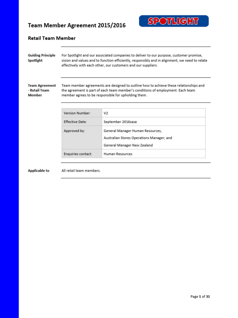 Spotlight - Team Member Agreement 2016 | PDF | Harassment | Sexual ...
