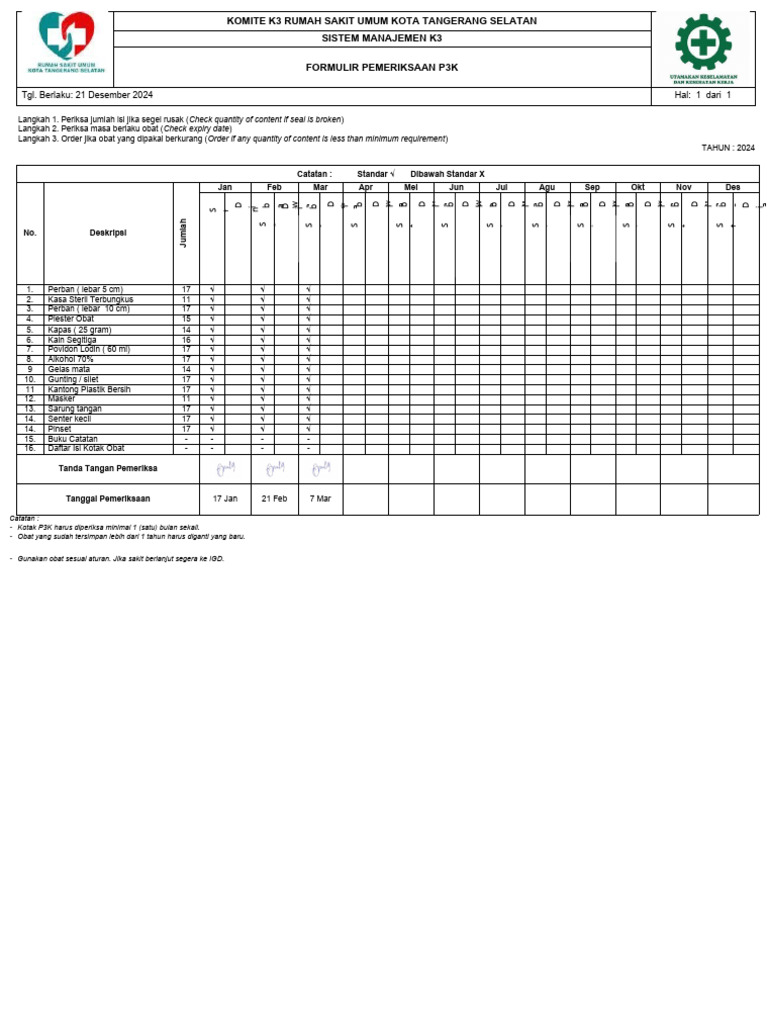 FORM PEMERIKSAAN P3K | PDF