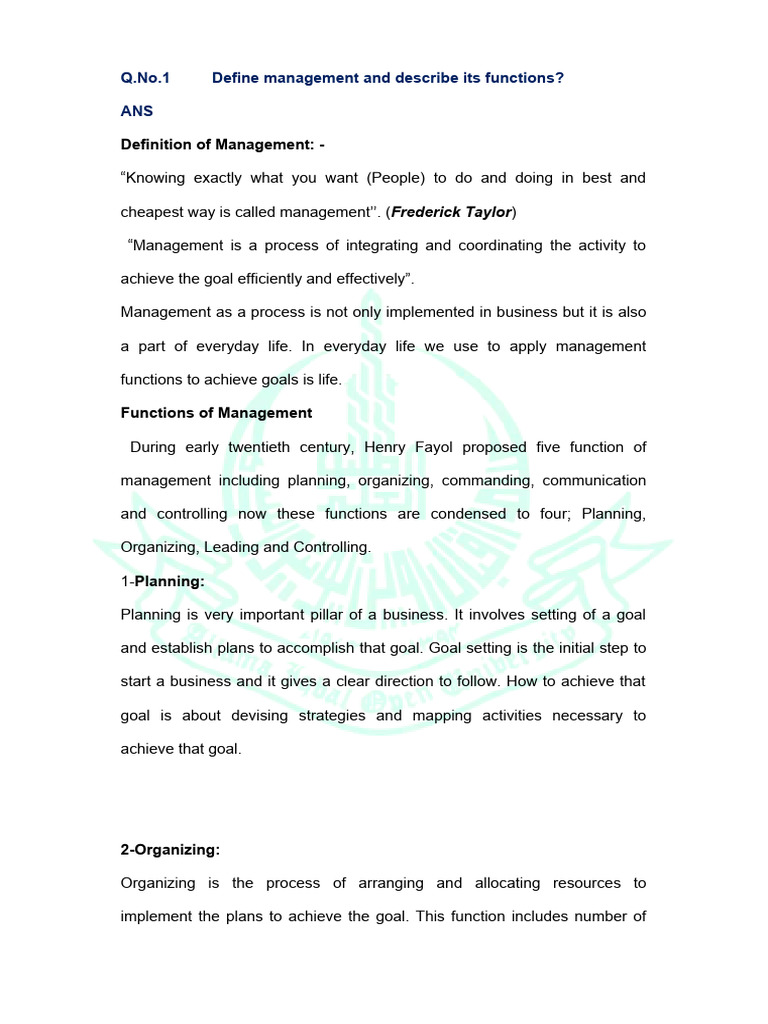 Definition of Management: - : Q.No.1 Define Management and Describe Its ...
