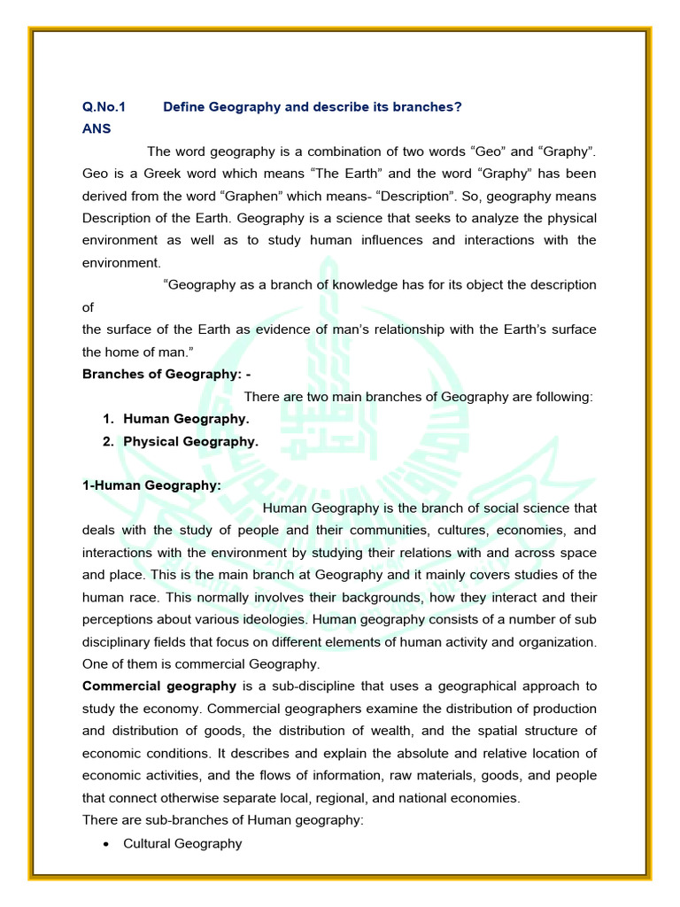 Q.No.1 Define Geography and Describe Its Branches? ANS | PDF | Resource ...