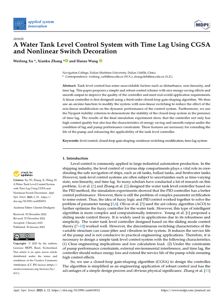 A Water Tank Level Control System With Time Lag Using CGSA and ... A Water Tank Level Control System With Time Lag Using CGSA and ...