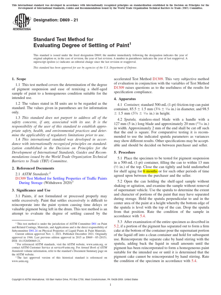 ASTM D869-21 Standard Test Method For Evaluating Degree of Settling of ...