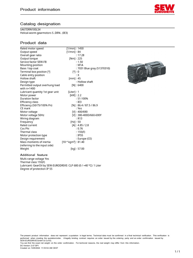 SEW Motor Datasheet: SA67DRN100LS4 | PDF | Electric Motor | Electrical ...