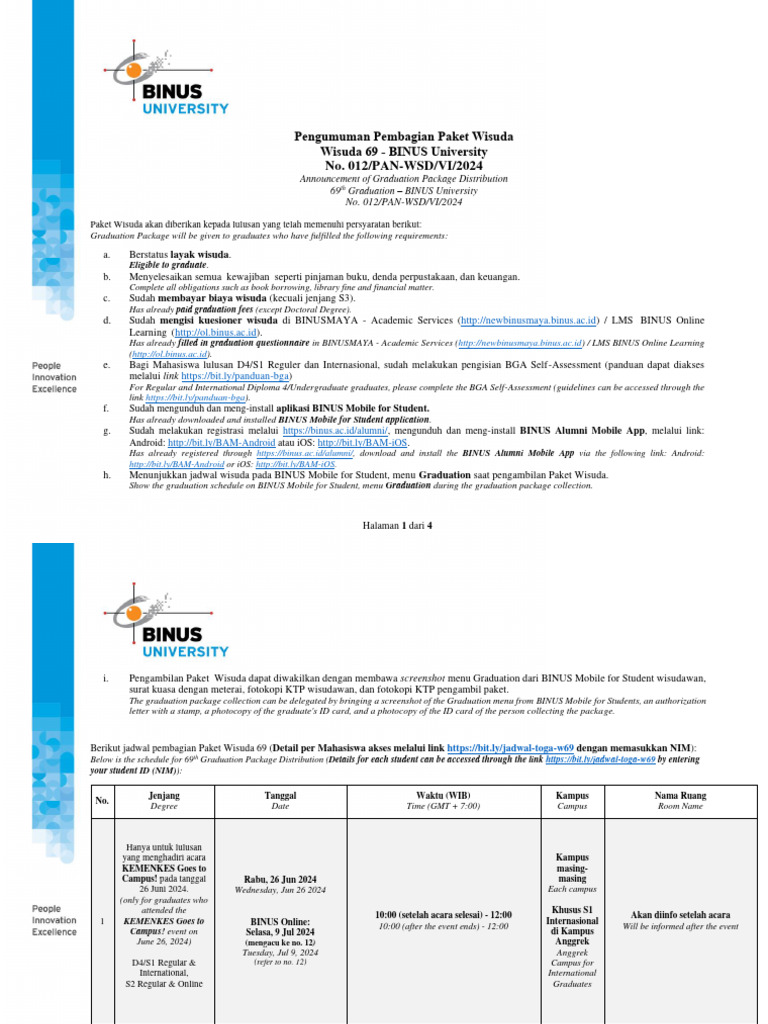 Pengumuman Pembagian Paket Wisuda 69 BINUS University | PDF | Arm ...