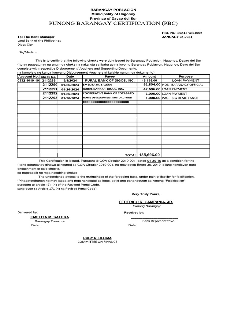 Punong Barangay Certification 2024 | PDF | Payments | Money