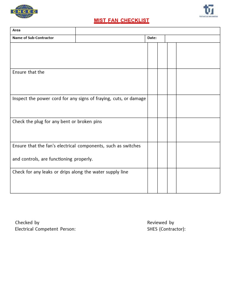 Mist Fan Checklist | PDF