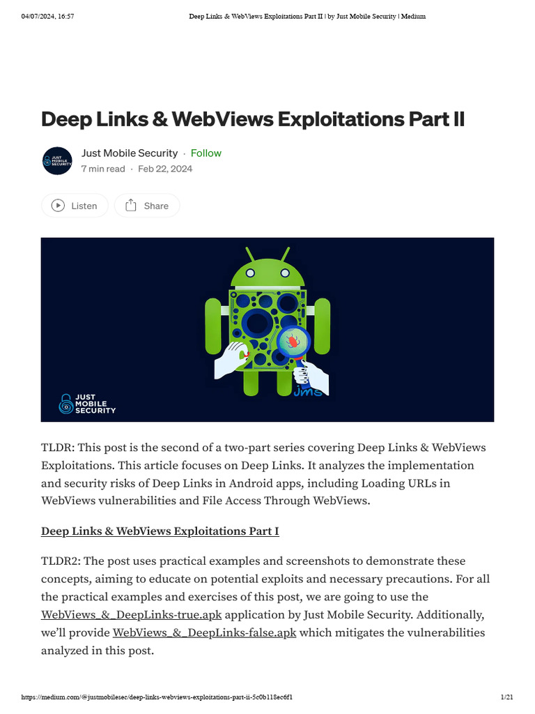 Deep Links & WebViews Exploitations Part II - by Just Mobile Security - Medium | PDF | Security ...