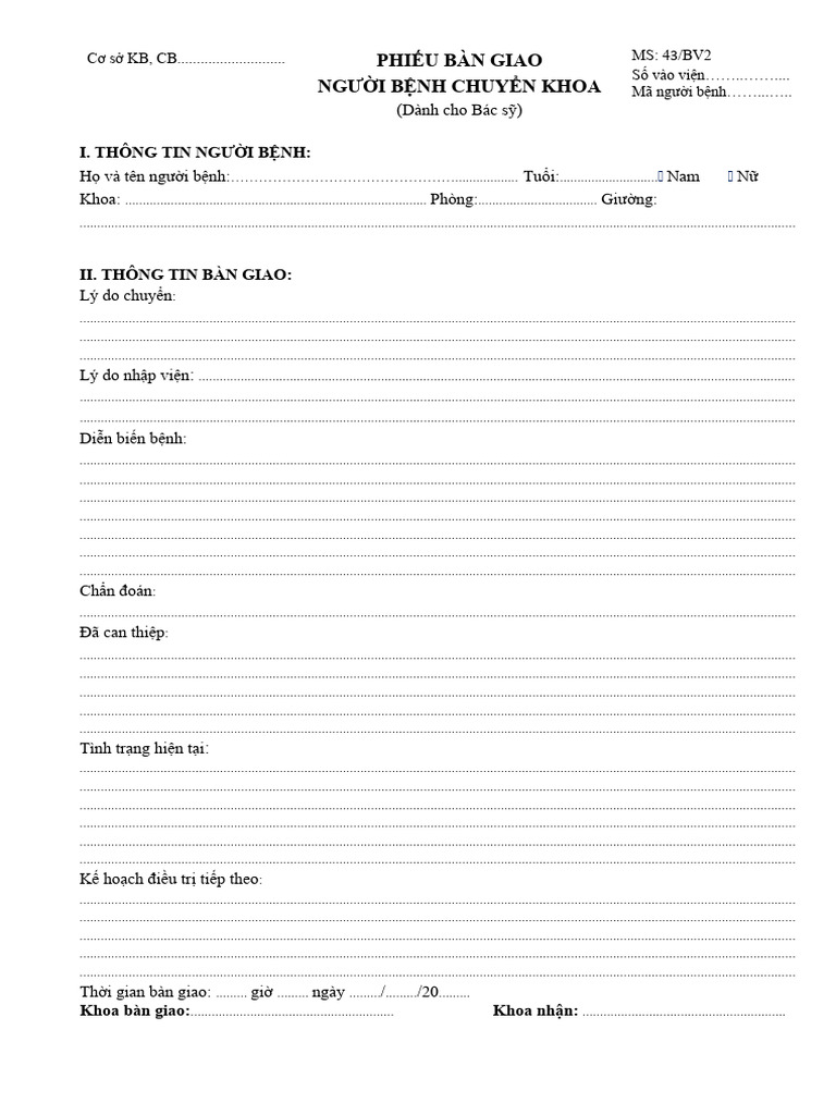Phieu Ban Giao Nguoi Benh Chuyen Khoa (BS) | PDF