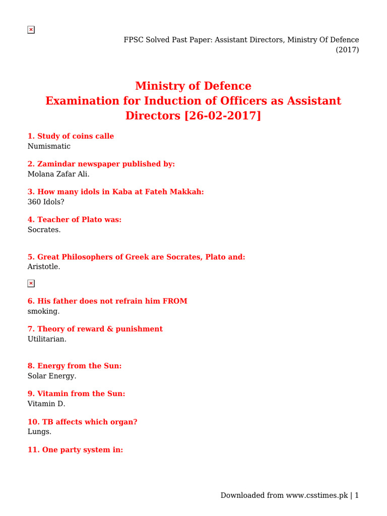 FPSC Solved Past Paper Assistant Directors Ministry Of Defence (2017) | PDF