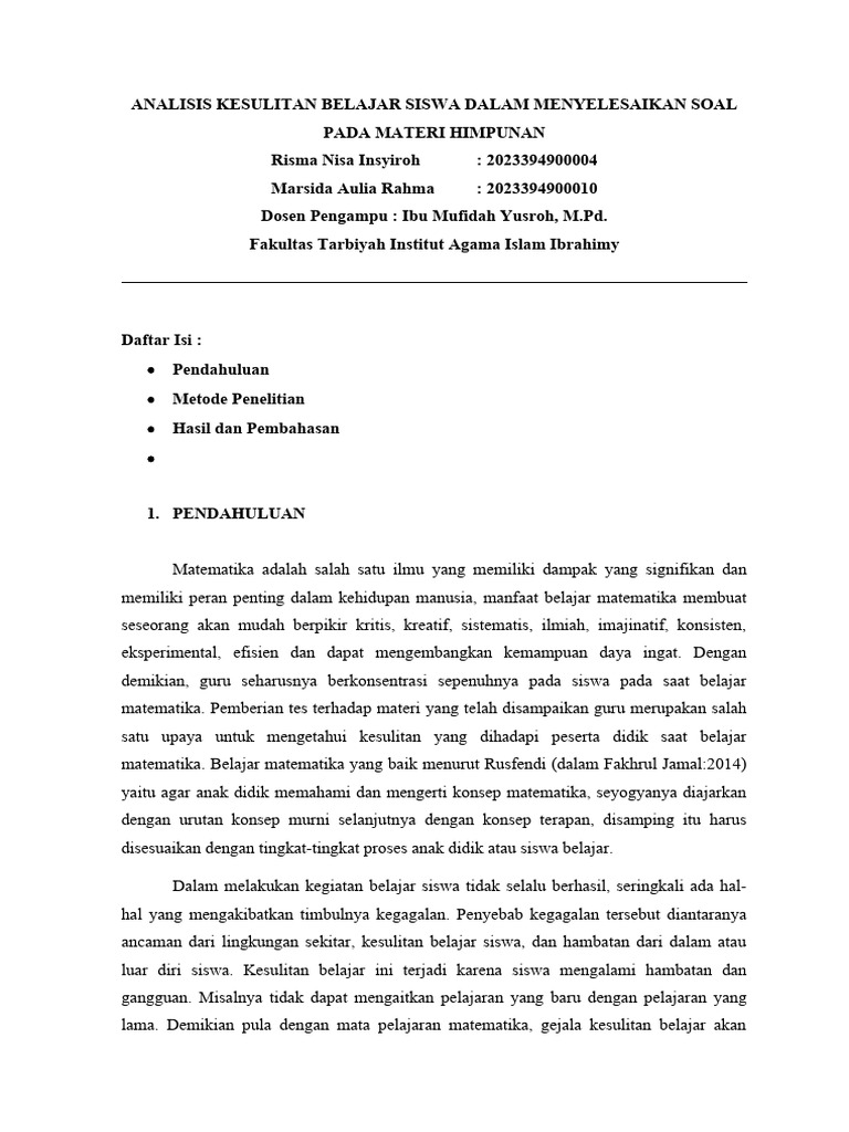 Analisis Kesulitan Belajar Siswa Dalam Menyelesaikan Soal Pada Materi ...