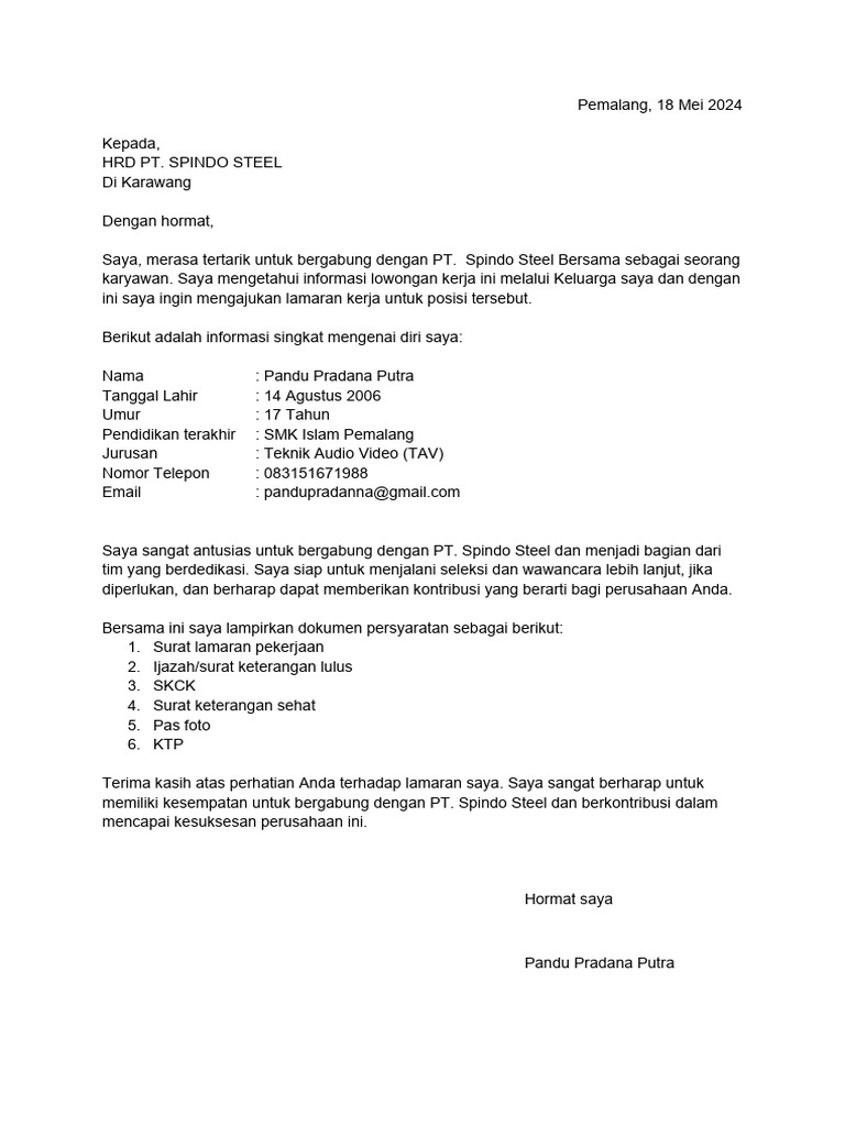 Surat Lamaran PT. Spindo Steel (Pandu Pradana Putra) | PDF