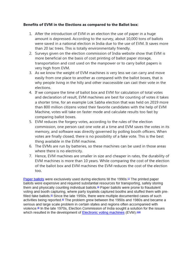 Benefits of EVM in The Elections As Compared To The Ballot Box | PDF ...