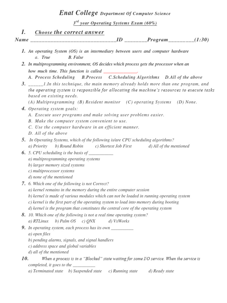 OS Exam | PDF | Process (Computing) | Operating System