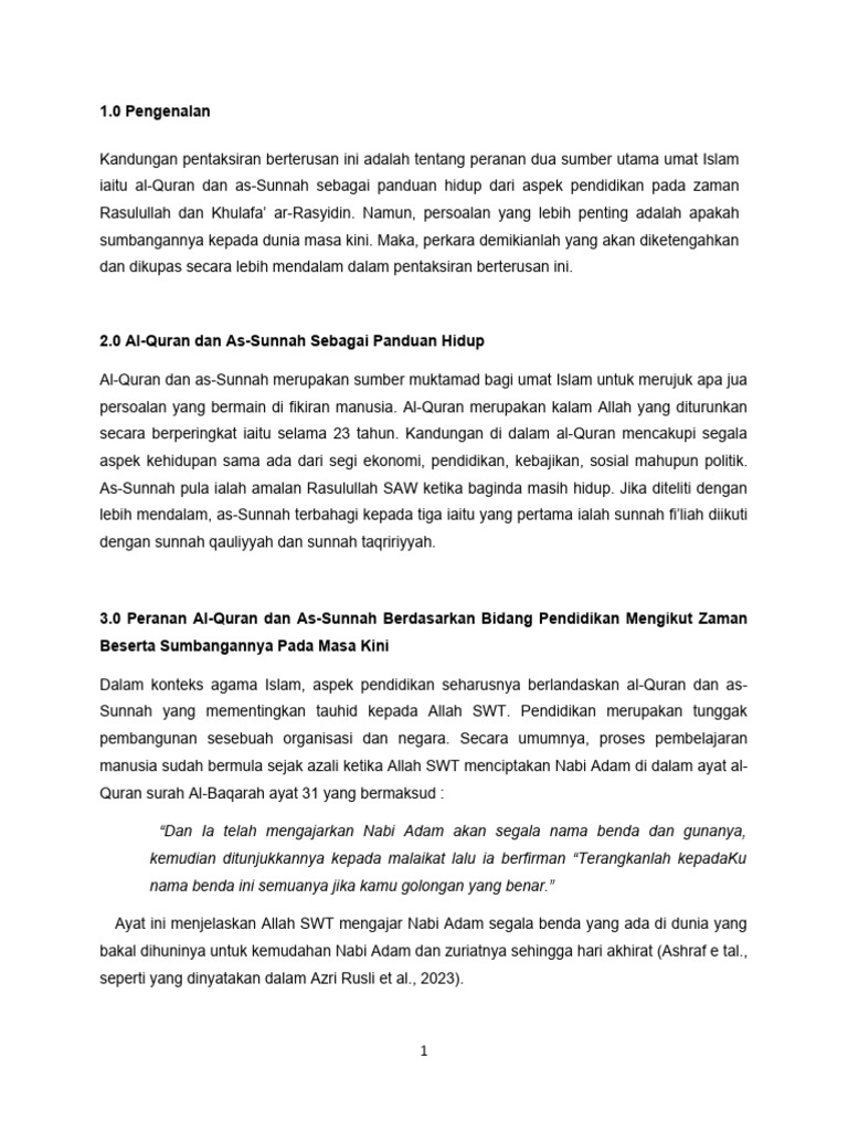 PERANAN QURAN DAN SUNNAH SEBAGAI PANDUAN HIDUP DARI ASPEK PENDIDIKAN | PDF
