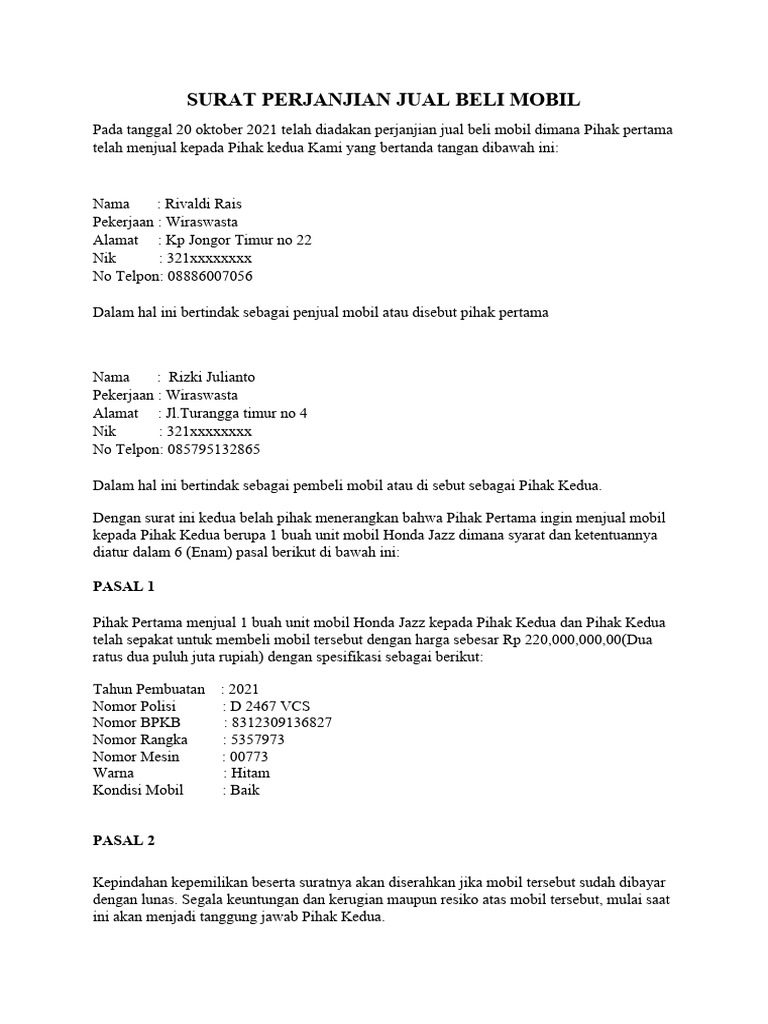 SURAT PERJANJIAN JUAL BELI MOBIL | PDF