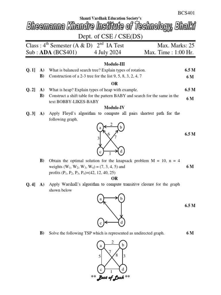 BCS401 2nd IA Question Paper | PDF | Computational Problems | Applied Mathematics