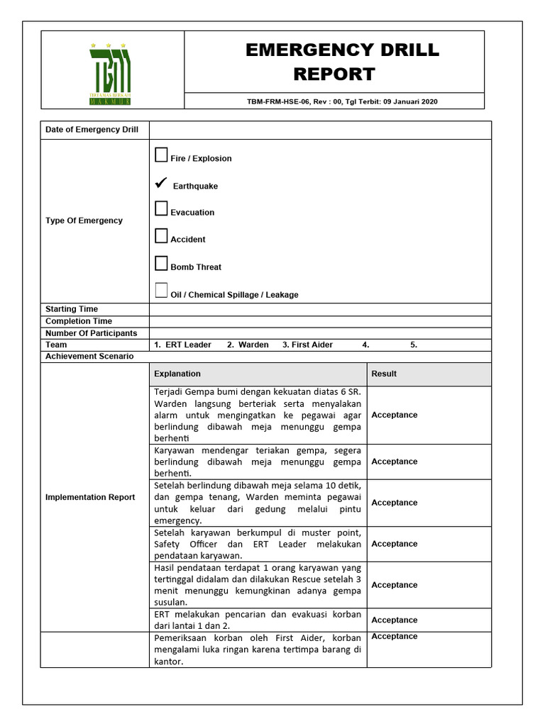 TBM-FRM-HSE-06 Emergency Drill Report | PDF