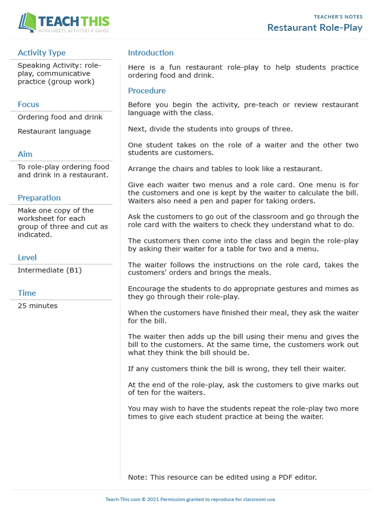 About Food - Restaurant - Speaking | PDF | Waiting Staff | Menu