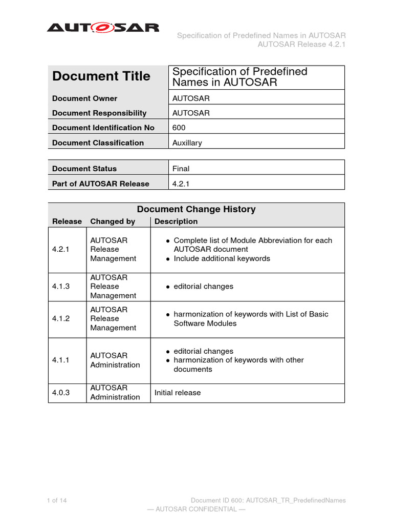 AUTOSAR TR PredefinedNames | PDF | Specification (Technical Standard) | Xml