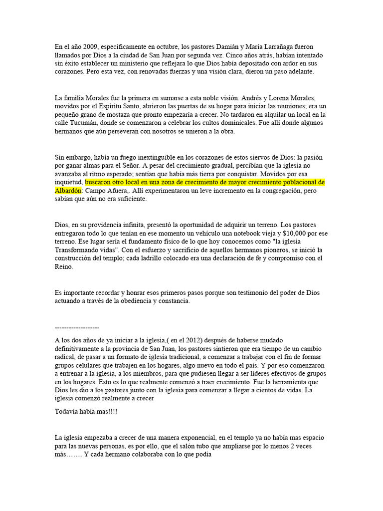 Historia Iglesia Transformando Vidas | PDF | Dios