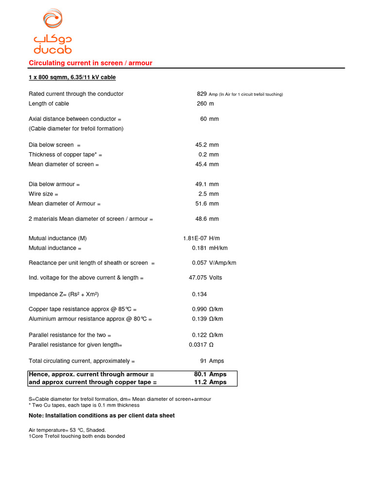 Circulating Current - 1x800 - 11kV - Combined Screen (CTS + Armour) | PDF
