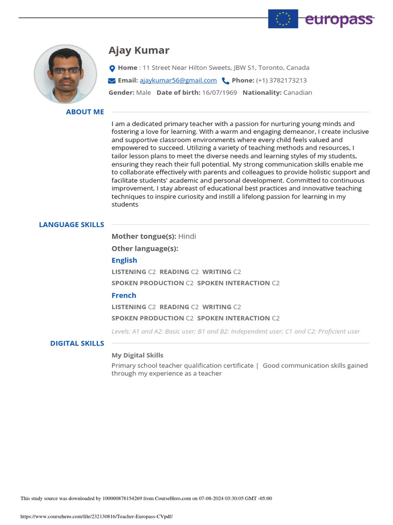 Teacher_Europass_CV.pdf | PDF | Teachers | Learning