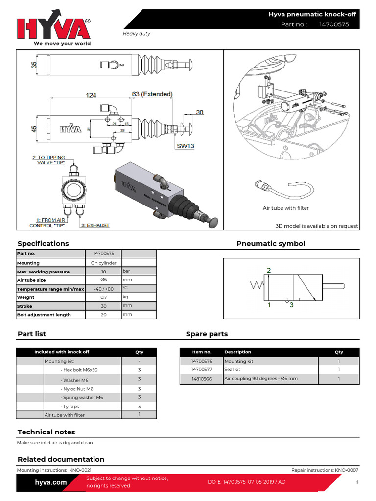 Hyva - Pneumatic Knock-Off Valve - 14700575 | PDF | Screw | Valve