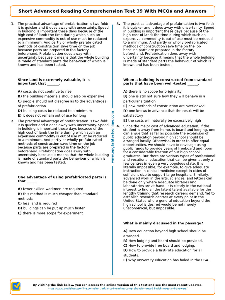 882 - Short Advanced Reading Comprehension Test 39 With Mcqs and ...
