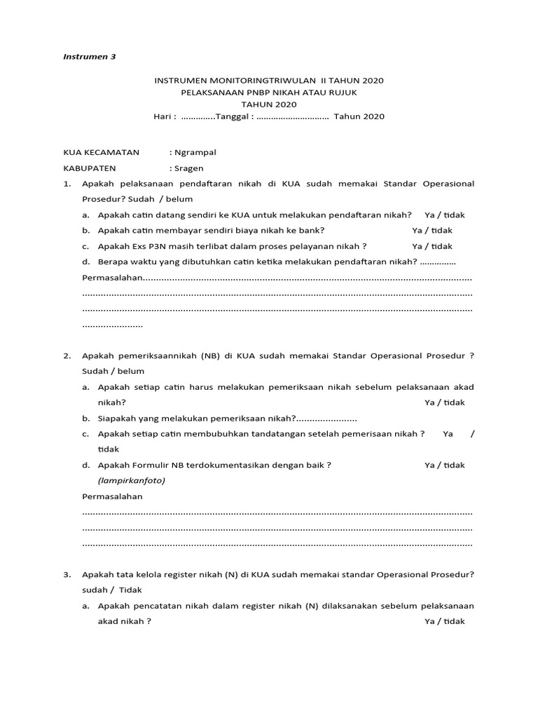Contoh Instrumen Monev PNBP NR 2019 | PDF