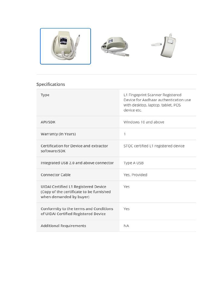 l1 Finger Print Device Specification | PDF