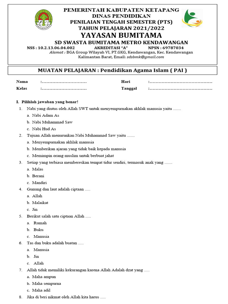 Soal PTS Kelas 3 Agama Islam | PDF