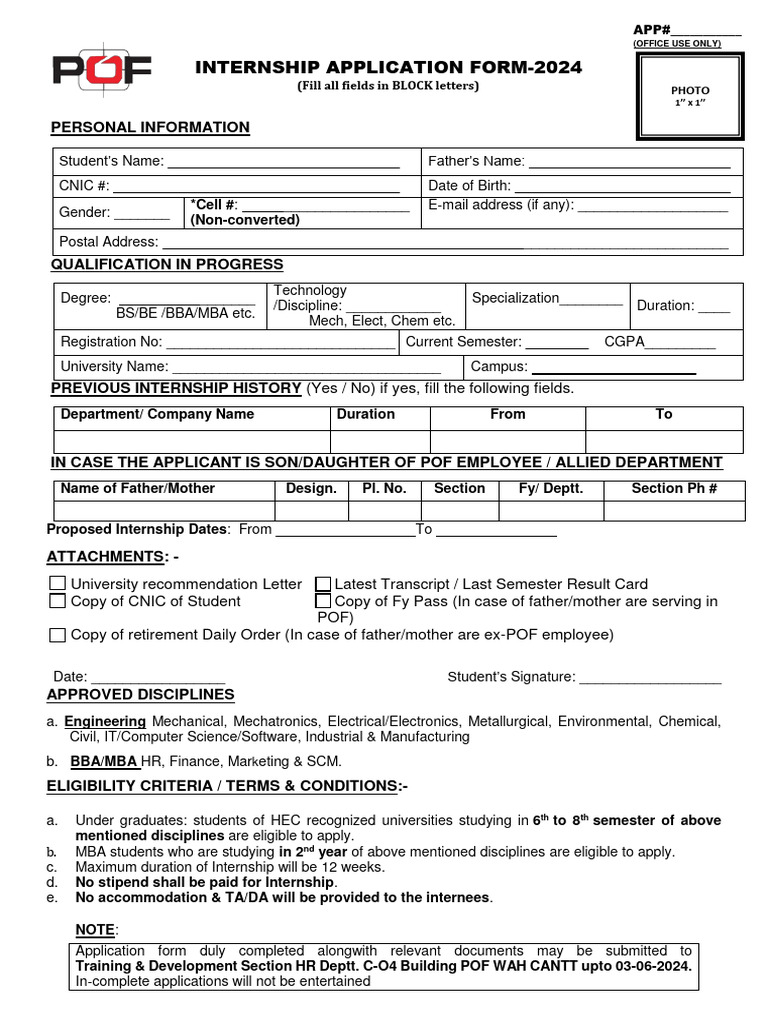 Internship Application Form-2024 | PDF | Engineering