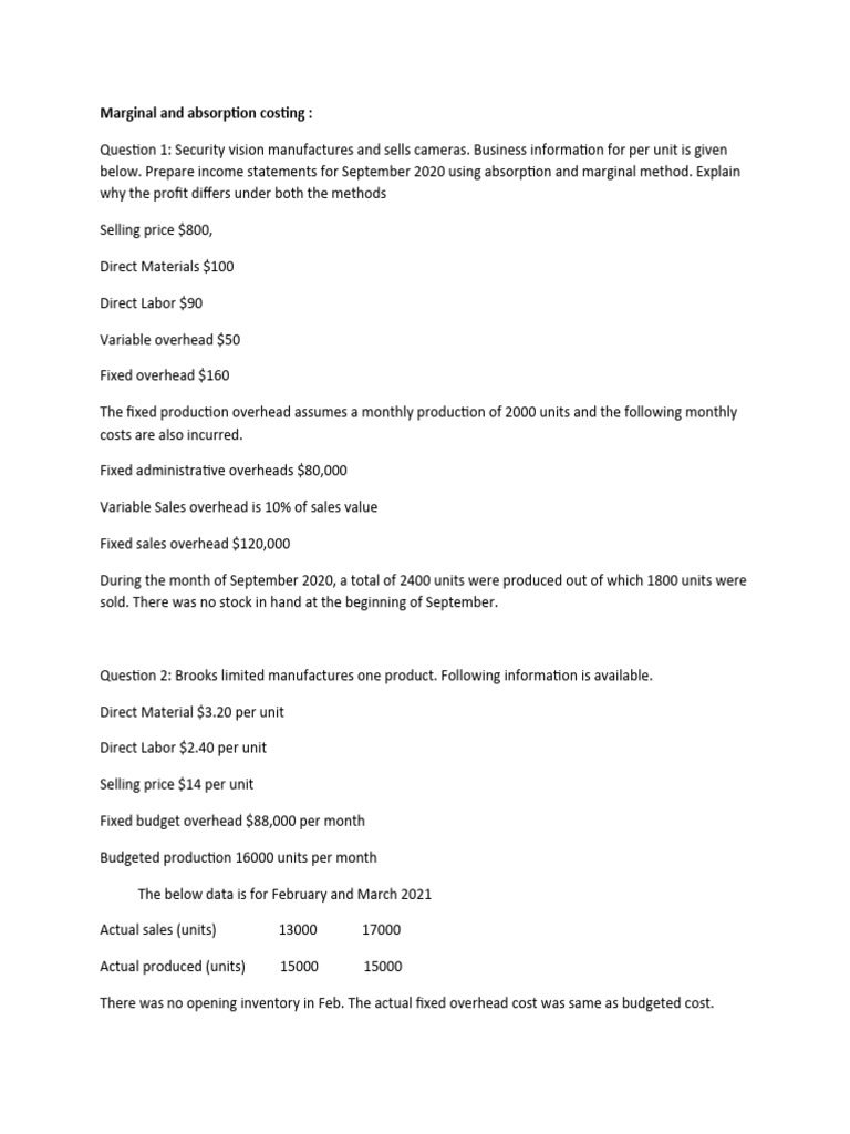Marginal and Absorption Costing Practice Questions | PDF | Inventory | Cost