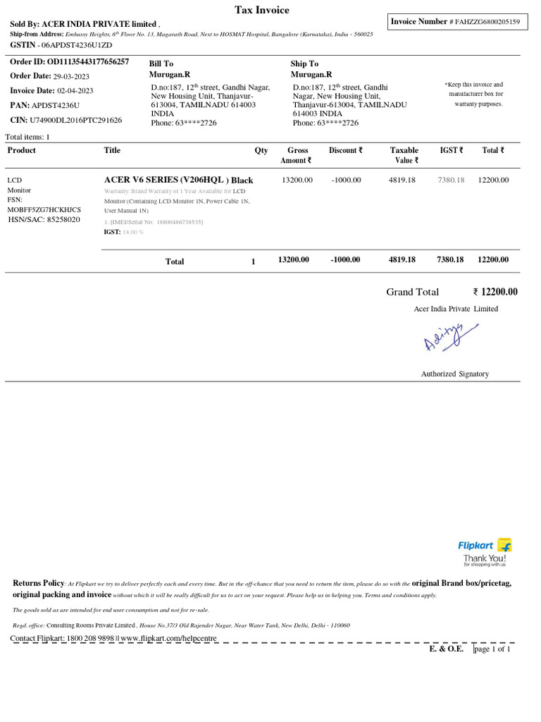 Acer India Tax Invoice for LCD Monitor | PDF | Payments | Government Finances