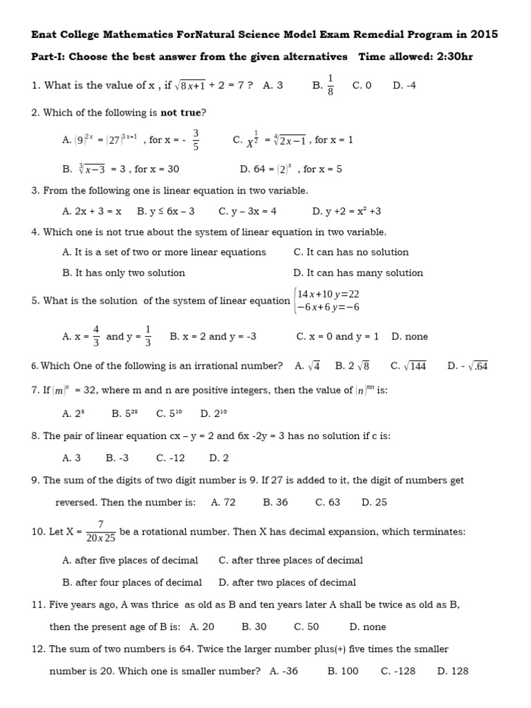 Enat College Math Remedial Exam 2015 | PDF | Polynomial | Equations