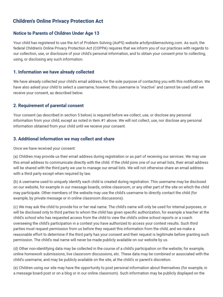 AoPS Parental Permission Form | PDF | Websites | Internet Privacy