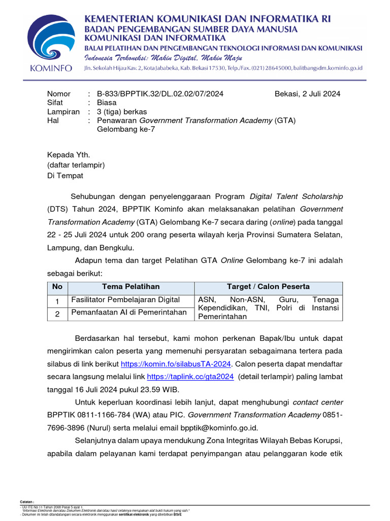 833 - Surat Permintaan Peserta Pelatihan GTA Online G7 - Sumsel | PDF