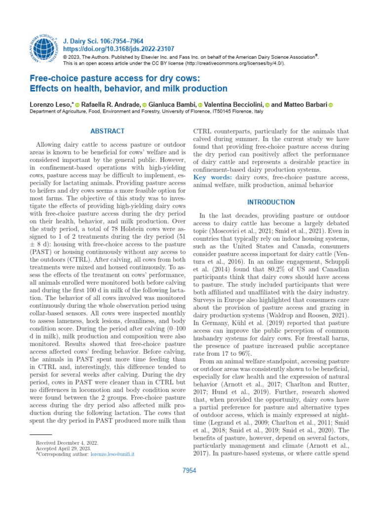 Free-Choice Pasture Access For Dry Cows: Effects On Health, Behavior ...