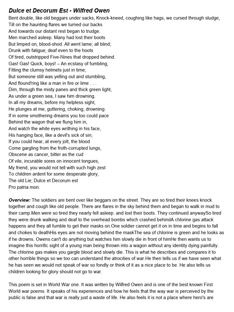 Dulce Et Decorum Est - Wilfred Owen: Overview | PDF
