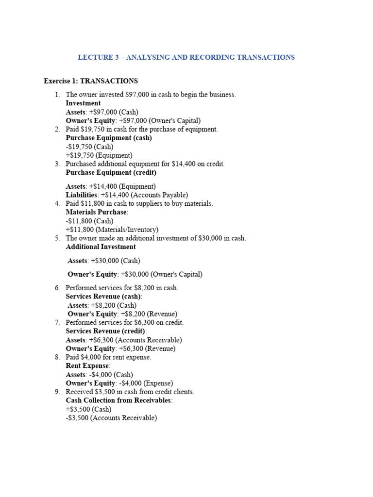 Lecture 3 - Analysing and Recording Transactions | PDF | Debits And Credits | Equity (Finance)