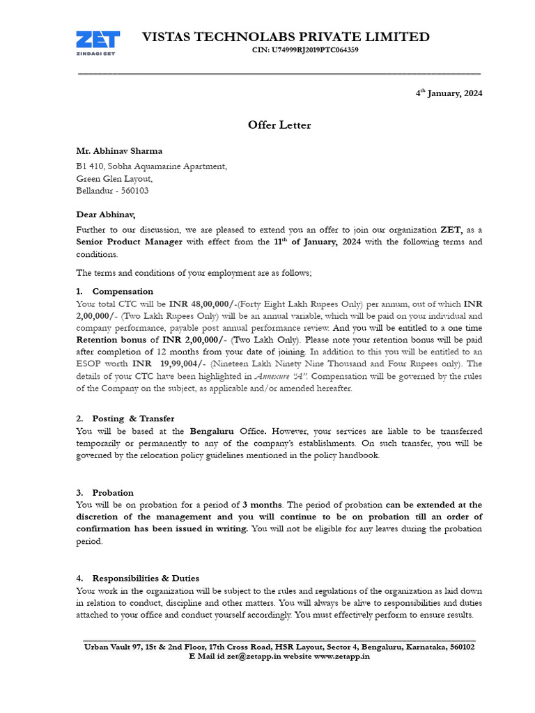 Abhinav Sharma_Offer Letter_ZET | Download Free PDF | Trade Secret ...